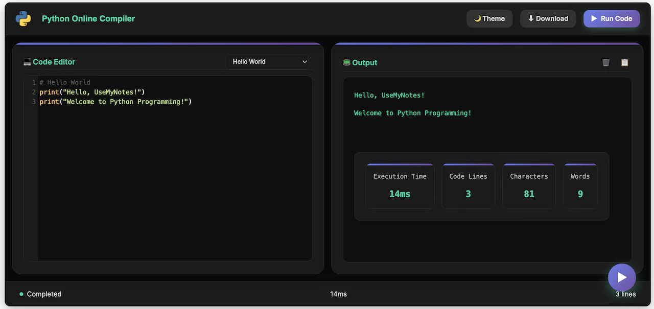 Online Python Compiler with AI Assistant - UseMyNotes
